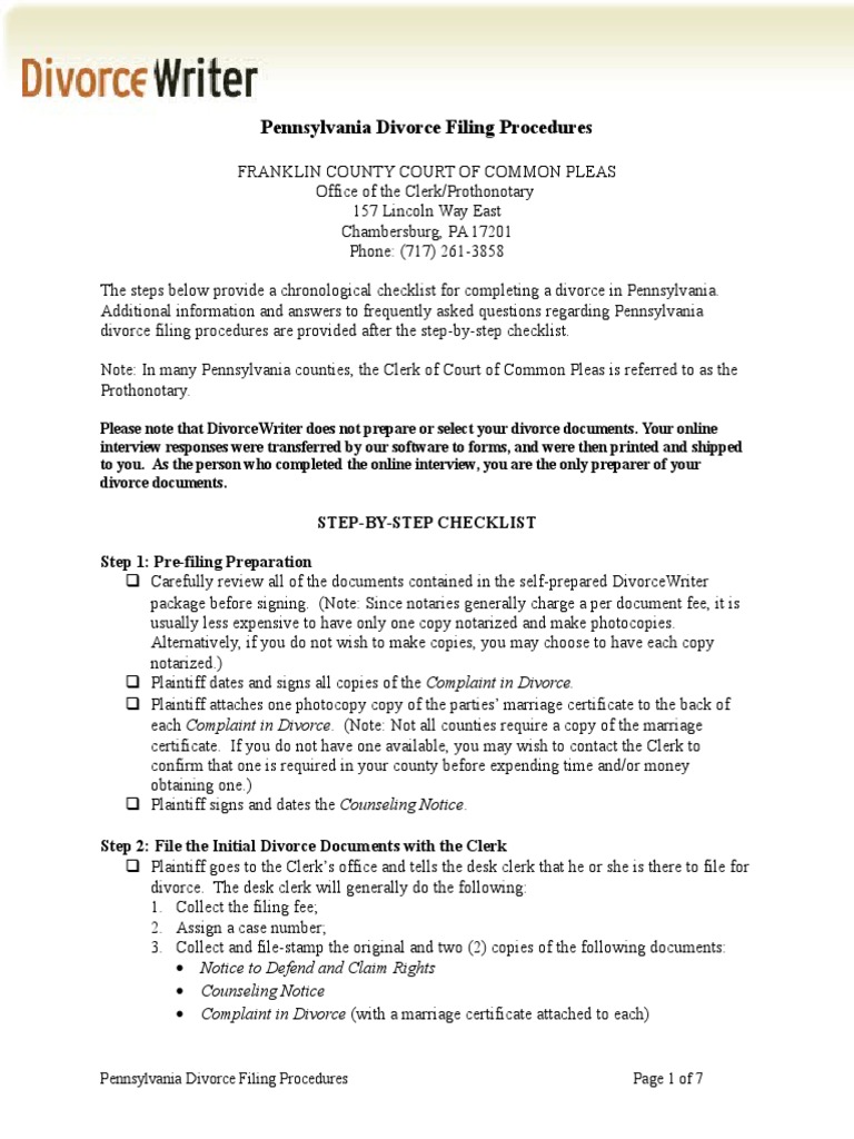 Pennsylvania Divorce Filing Procedures: Step-By-Step Checklist Step 1 ...