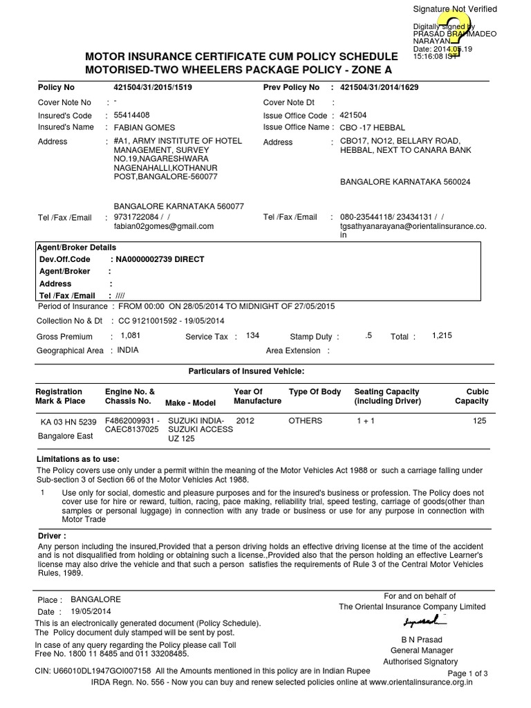 Motorised-Two Wheelers Package Policy - Zone A Motor Insurance ...