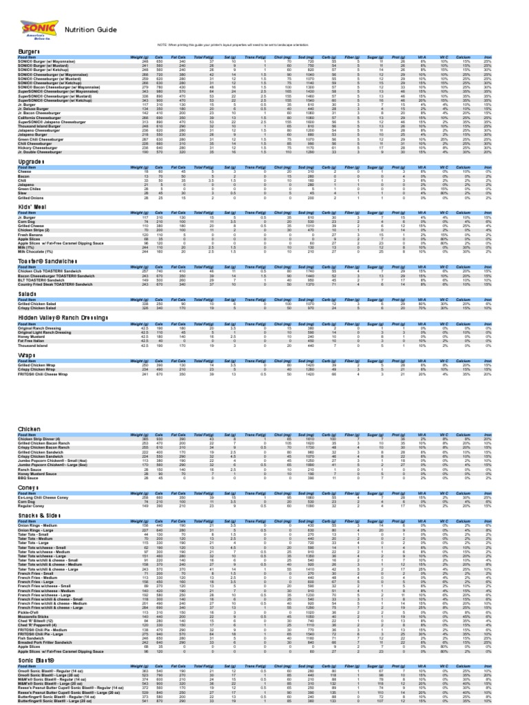 Sonic Nutrition Menu and Calorie Info | PDF | Coca Cola | Hamburgers