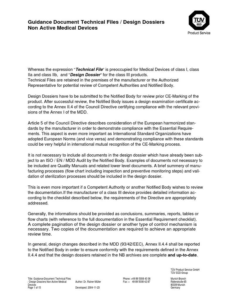 TUV SUD- Technical Files and Design Dossiers Non Active Medical Devices ...