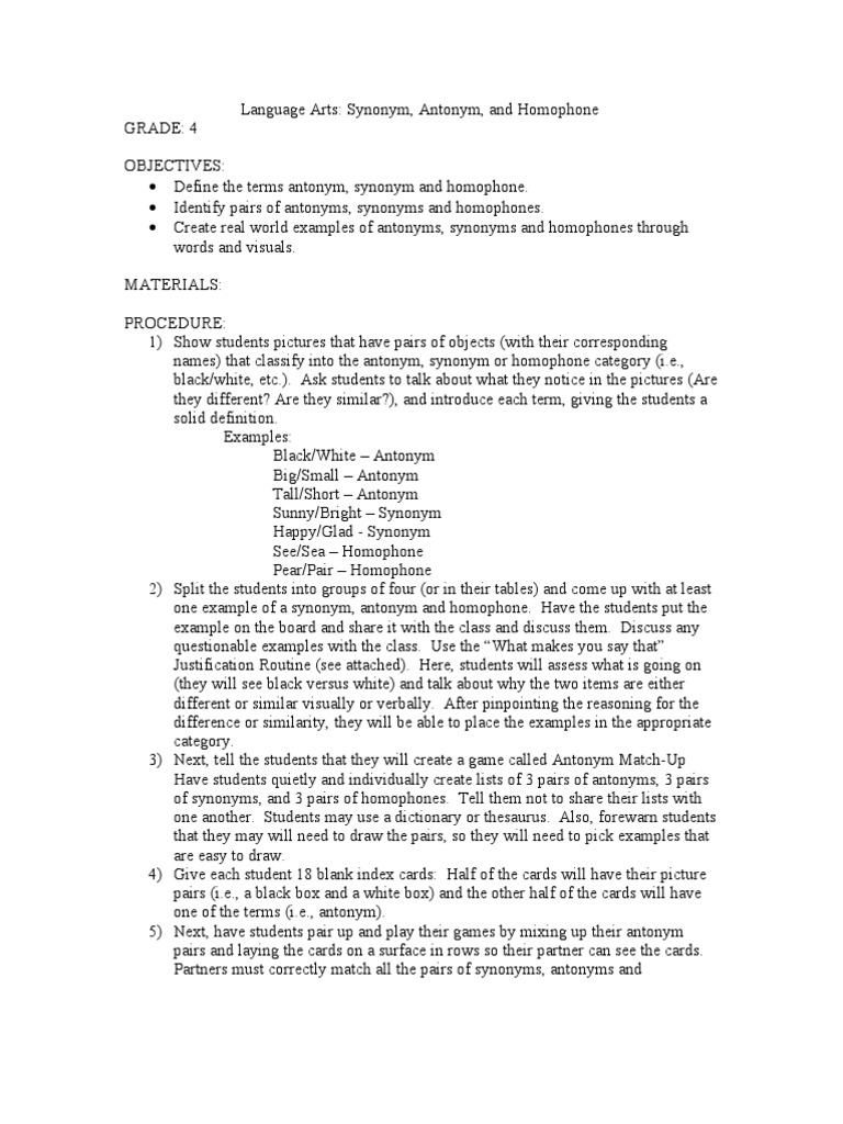 Lesson Plan Synonym, Antonym, Homophone | PDF | Communication | Cognition