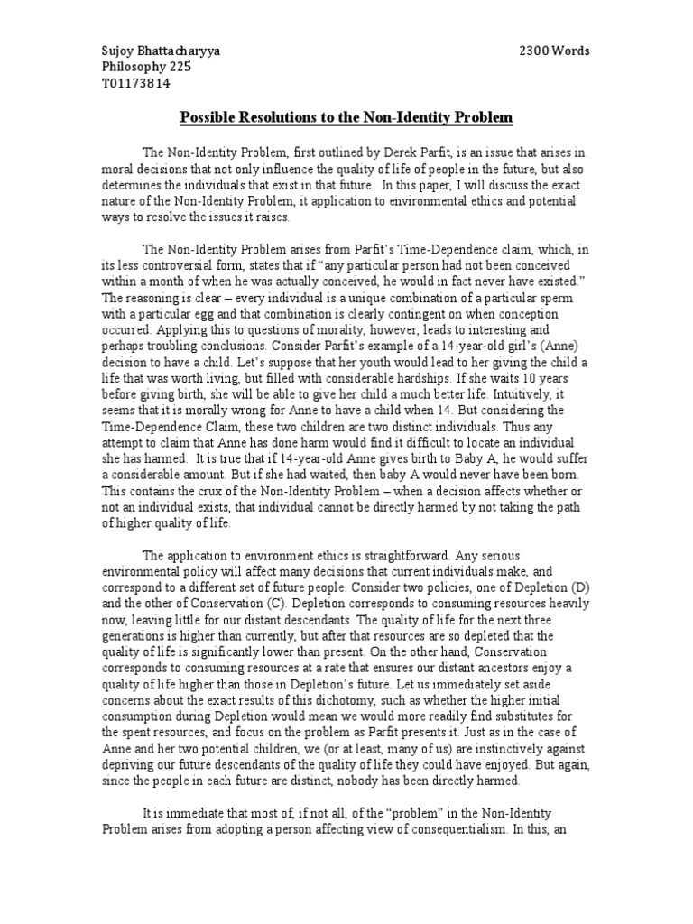 A Resolution To Parfit's Non Identity Problem | PDF | Morality ...