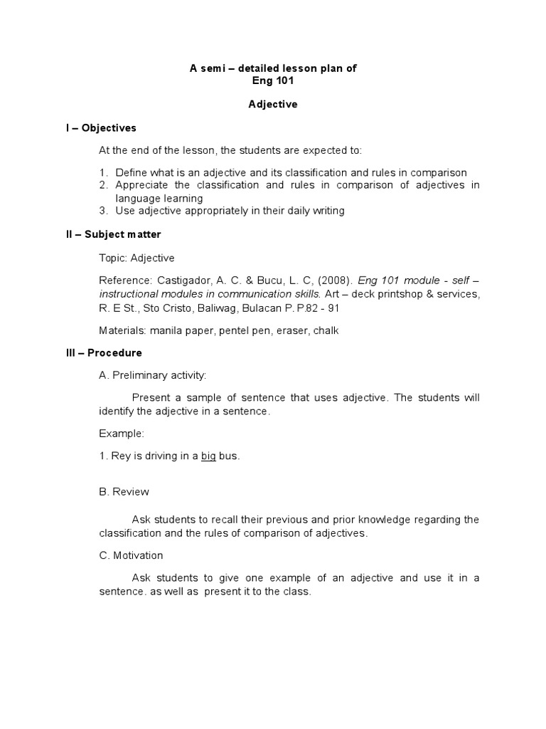 Adjective Lesson Plan for Grades 1-3 | PDF | Pronoun | Noun