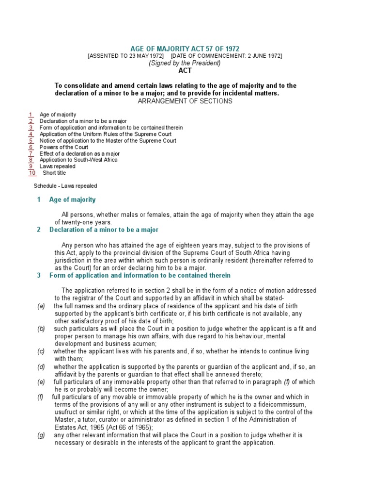 Age of Majority Act 57 of 1972 | PDF | Colony Of Natal | Supreme Courts