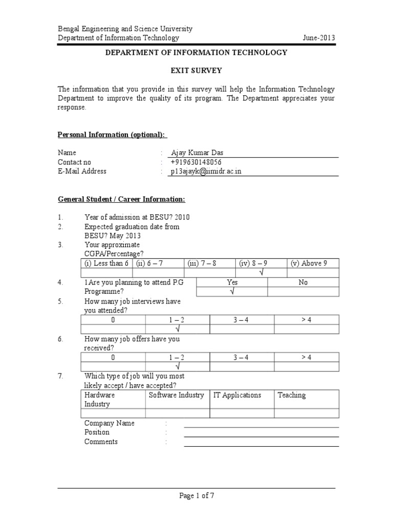 Exit Survey Form IT | PDF | Engineering | Science