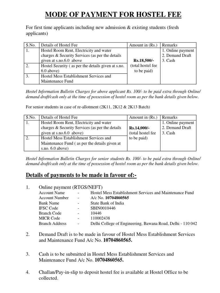 The latest fee structure and mode of payment of Hostels @ Delhi ...