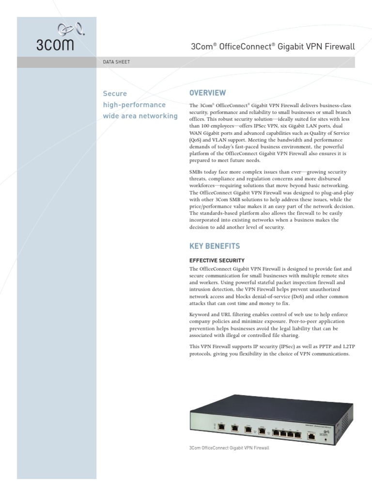 3COM OfficeConnect Gigabit VPN Firewall 3CREVF100-73 Datasheet | PDF ...