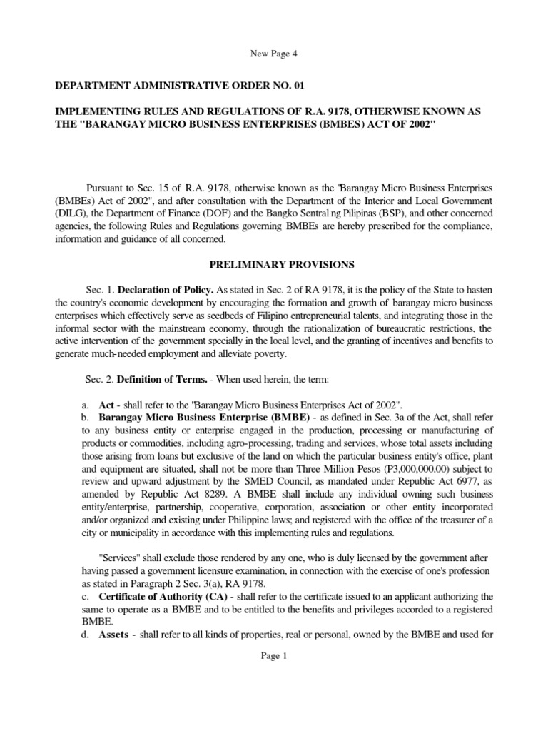 BMBEs (RA 9178), IRR | PDF | Licensure | U.S. Securities And Exchange ...