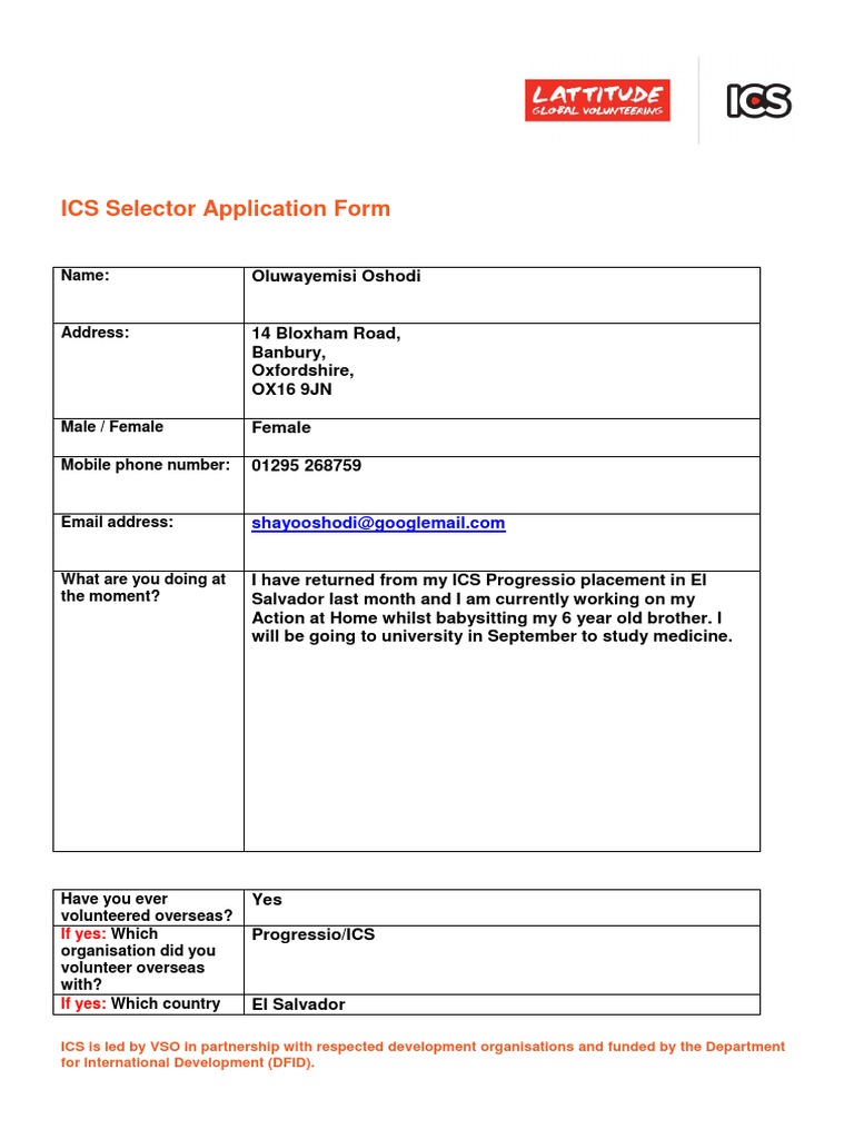 ICS Selector Application Form: Name | PDF | Volunteering | Cognition