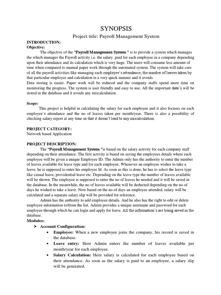 Synopsis: Project Title: Payroll Management System | PDF | Microsoft Sql Server | Databases