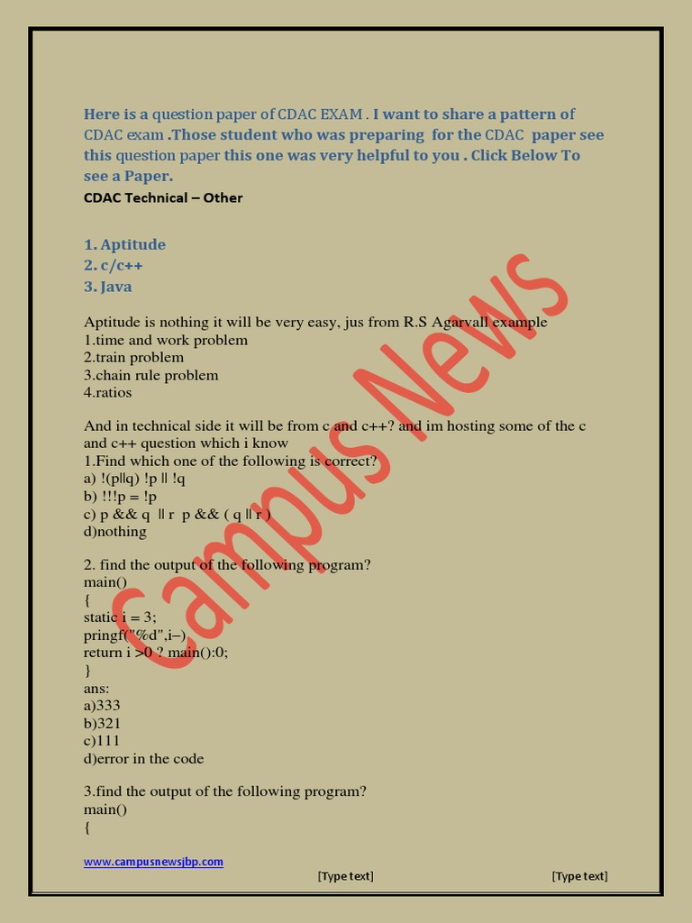 Cdac Sample Paper Pdf Class Computer Programming Method Computer Programming 3773