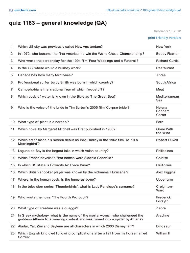 30 General Knowledge Quiz Questions | PDF