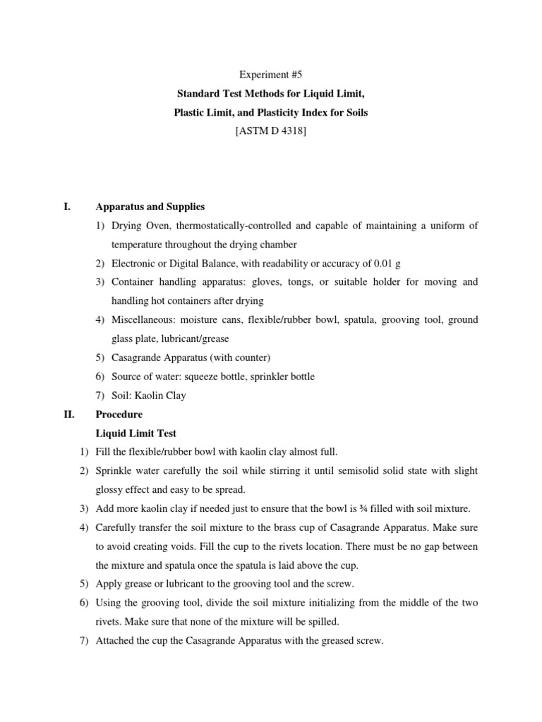 Summary of Procedure For ASTM D4318 | PDF | Materials | Chemistry
