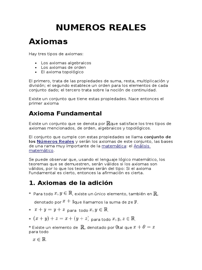 Axiomas Numeros Reales | PDF | Conjunto (Matemáticas) | Axioma