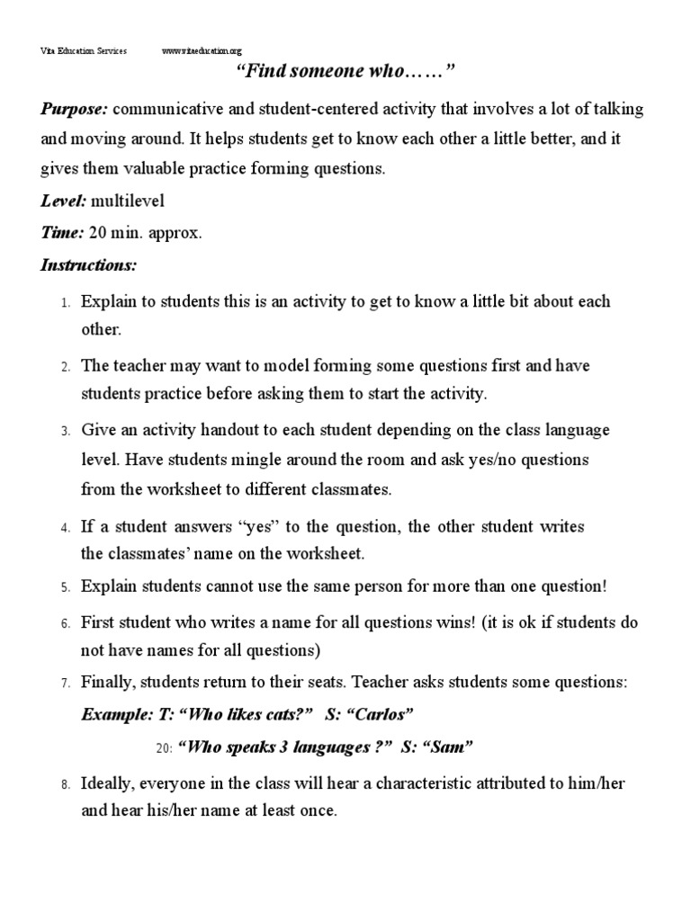 Beginner ESL: Find Someone Who Activity | PDF | Languages