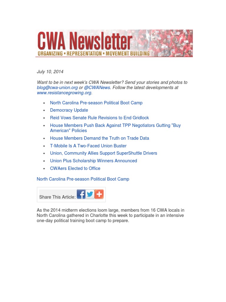 CWA Newsletter, July 10, 2014 | PDF | Trans Pacific Partnership ...