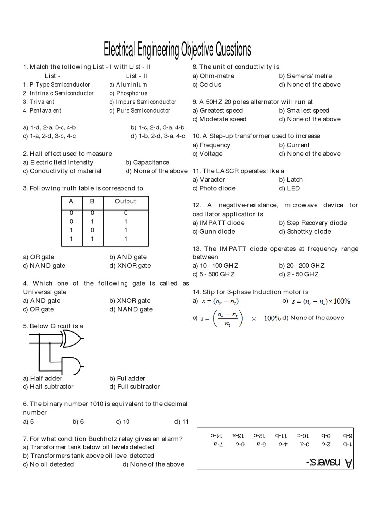 Electrical Engineering Quiz Answers | PDF