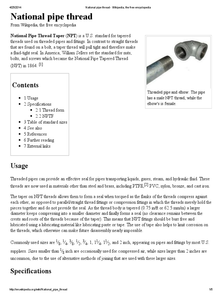 National Pipe Thread - Wikipedia, The Free Encyclopedia | PDF ...