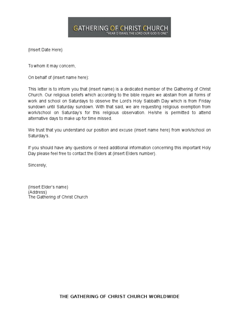 Request for Religious Exemption from Saturday School and Work ...