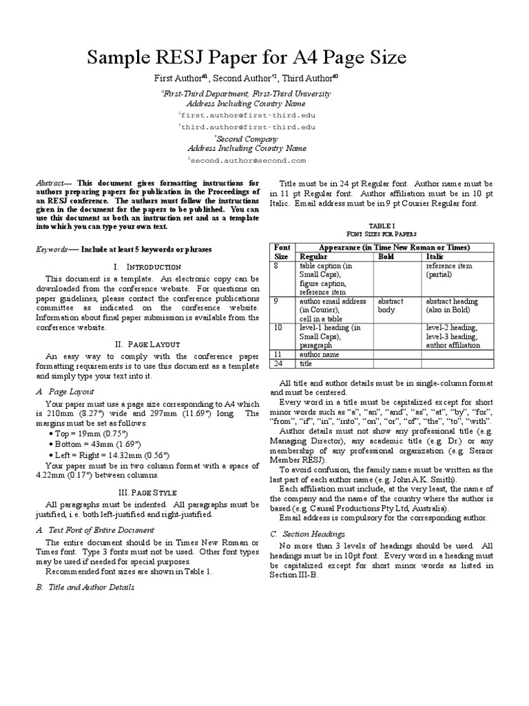 Sample RESJ Paper For A4 Page Size: First Author, Second Author, Third ...