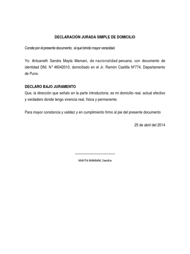 Declaración Jurada Simple de Domicilio | PDF
