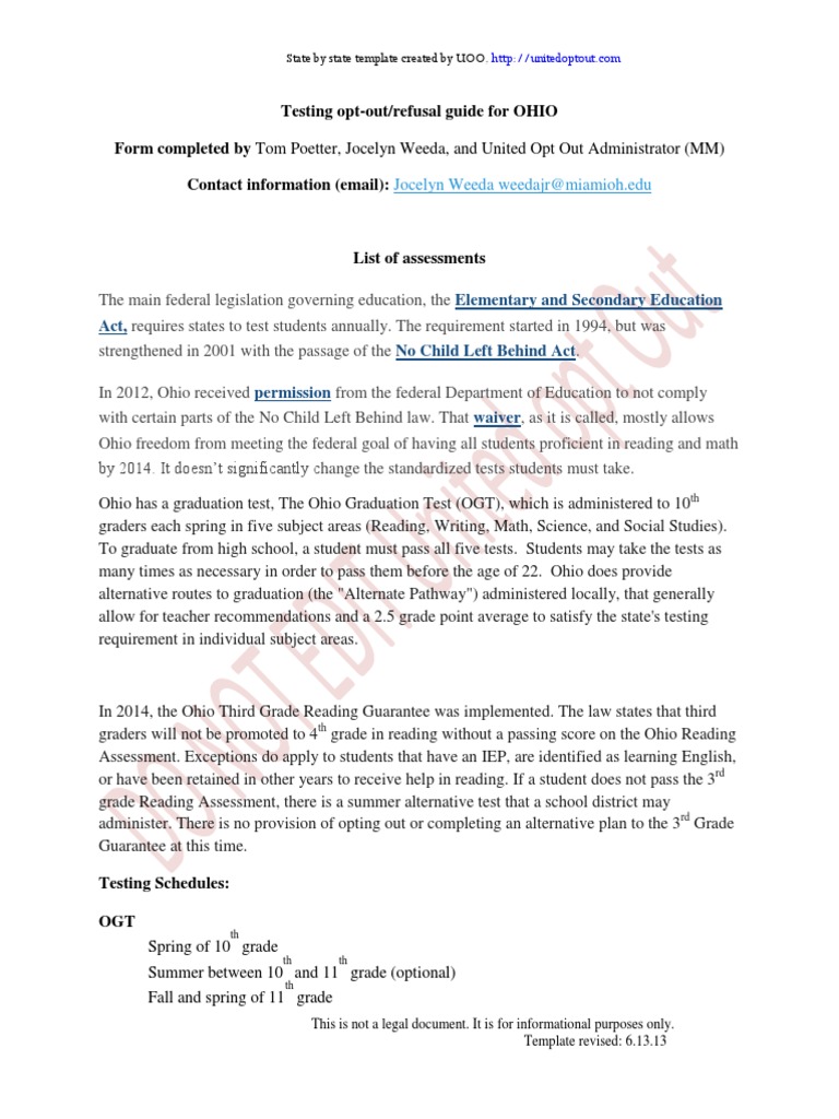Ohio Opt Out Guide For 2014-2015 | PDF | No Child Left Behind Act ...