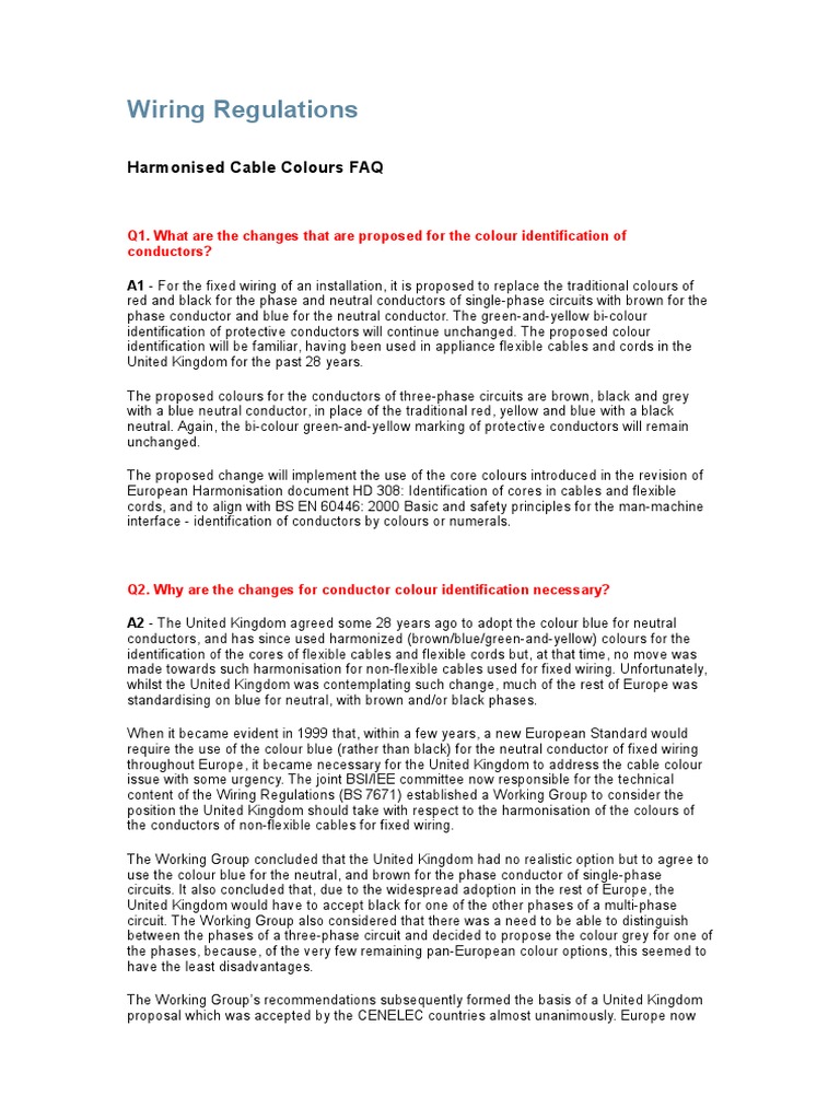 Wiring Regulations: Harmonised Cable Colours FAQ | PDF | Electrical ...