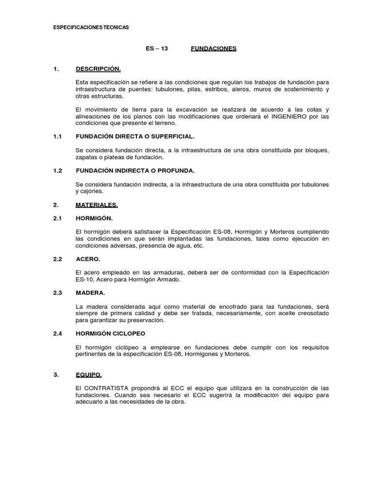 Especificaciones Fundaciones - Tubulones | PDF | Hormigón | Acero