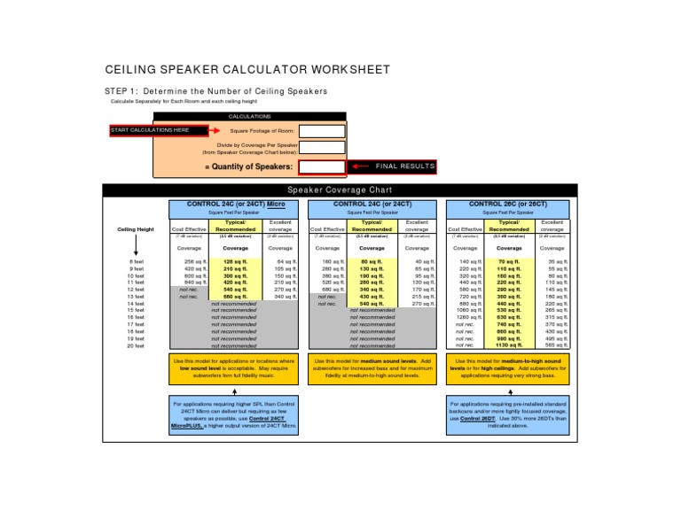 Ceiling Speakers Calculator Sheet | PDF | Loudspeaker | Sound Technology
