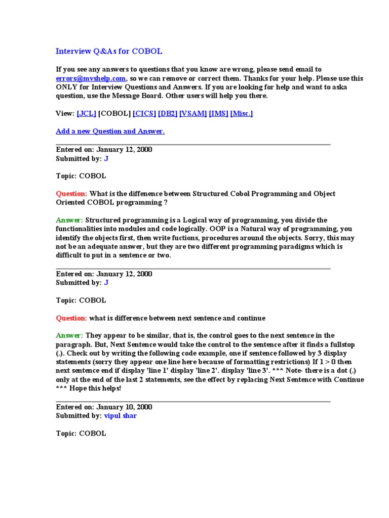 Interview Q&As For COBOL: Answer | PDF | Software Engineering | Software