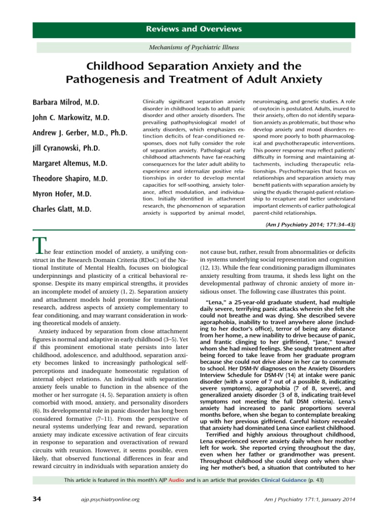 Childhood Separation Anxiety and The Pathogenesis and Treatment of ...