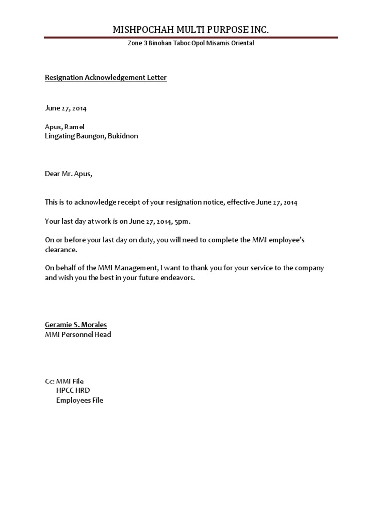 Resignation Acknowledgement Letter | PDF