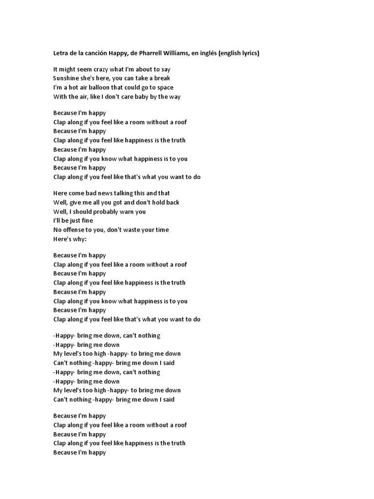 Letra de La Canción Happy, de Pharrell Williams, en Inglés (English ...