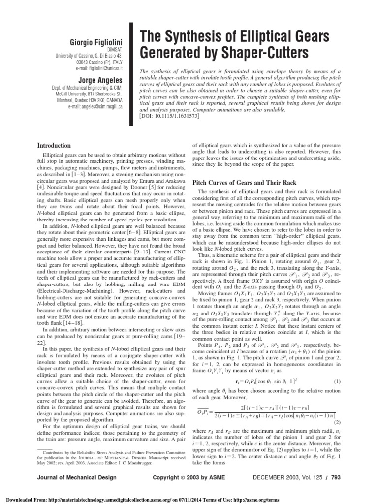 The Synthesis of Elliptical Gears Generated by Shaper-Cutters | PDF ...