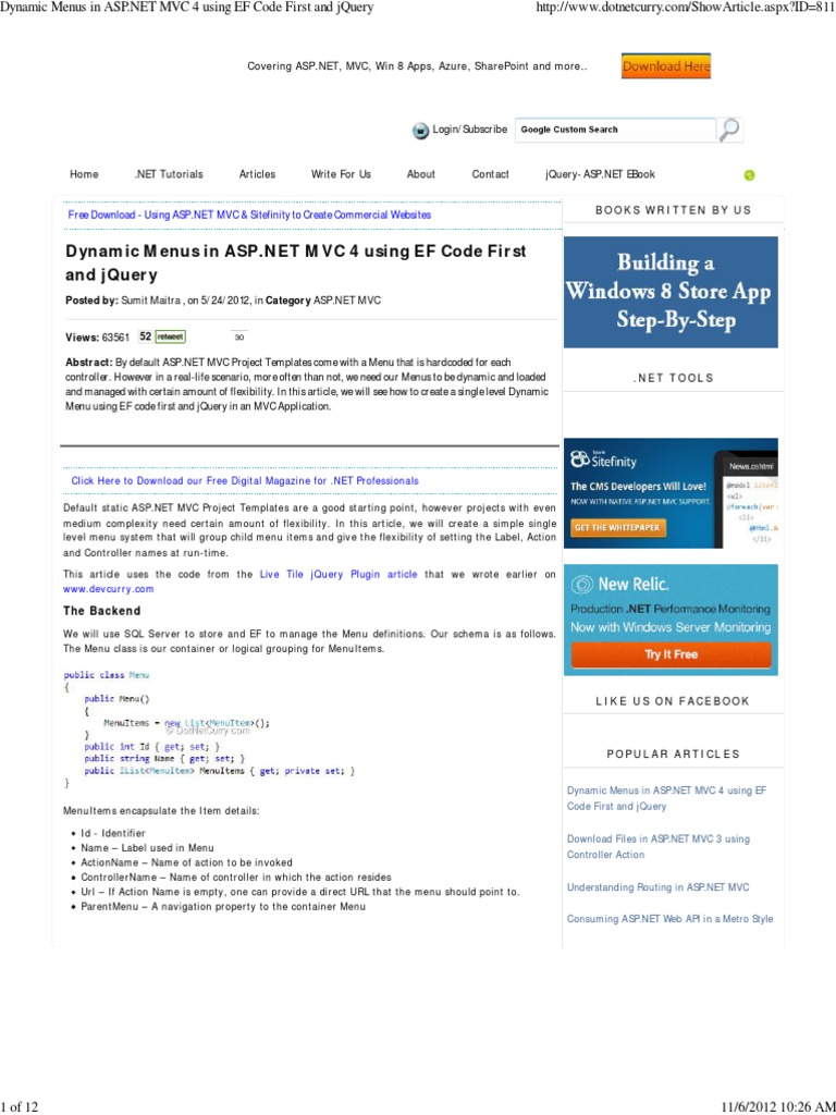 Dynamic Menus In Asp Net Mvc 4 Using Ef Code First And Jquery Pdf J Query Menu
