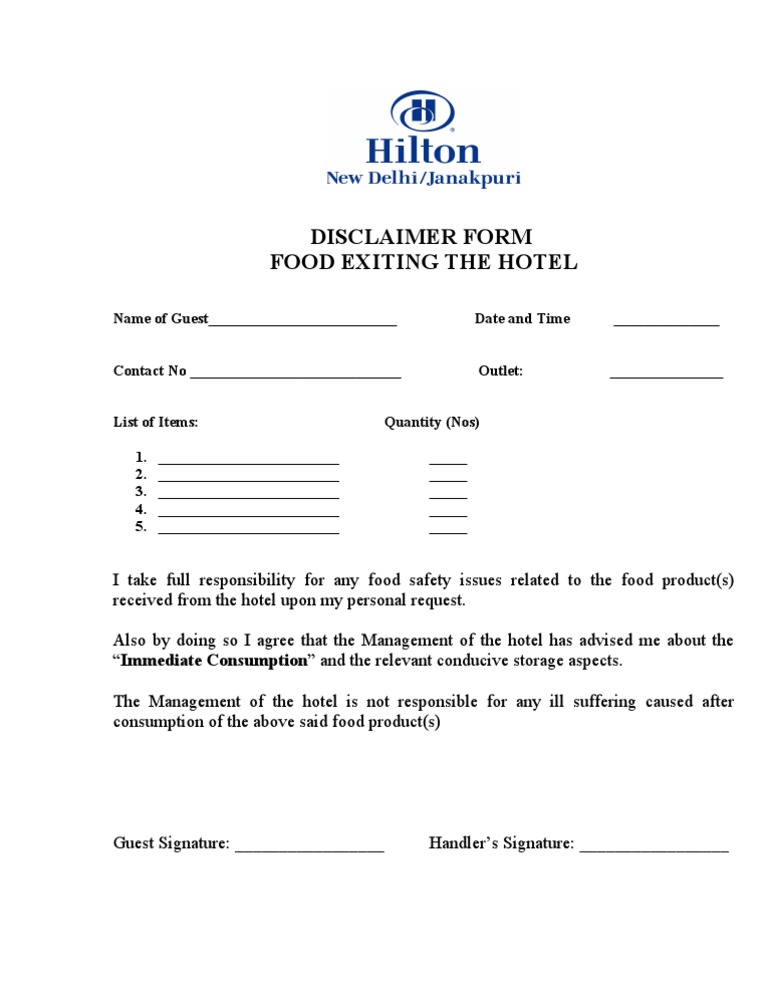 Disclaimer Form Food Exiting The Hotel | PDF