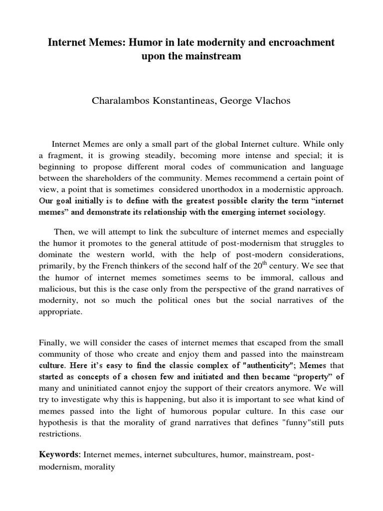 Internet Memes Humor in Late Modernity and Encroachment Upon The ...