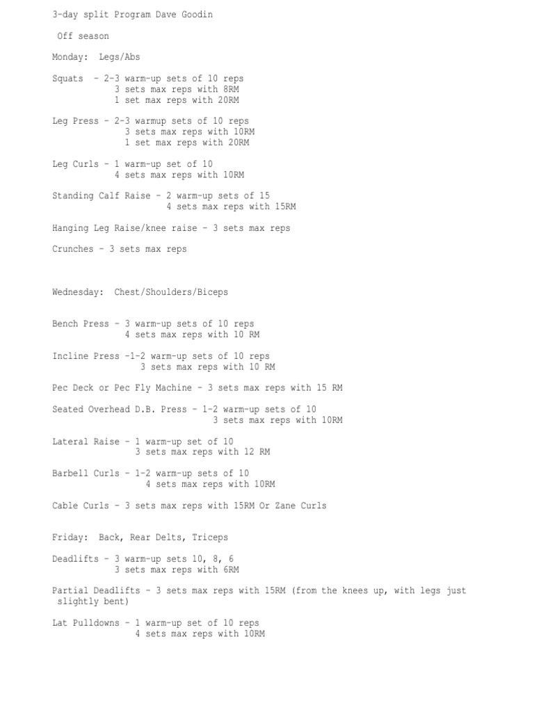 3-Day Split Program Dave Goodin Full | PDF | Limbs (Anatomy) | Recreation