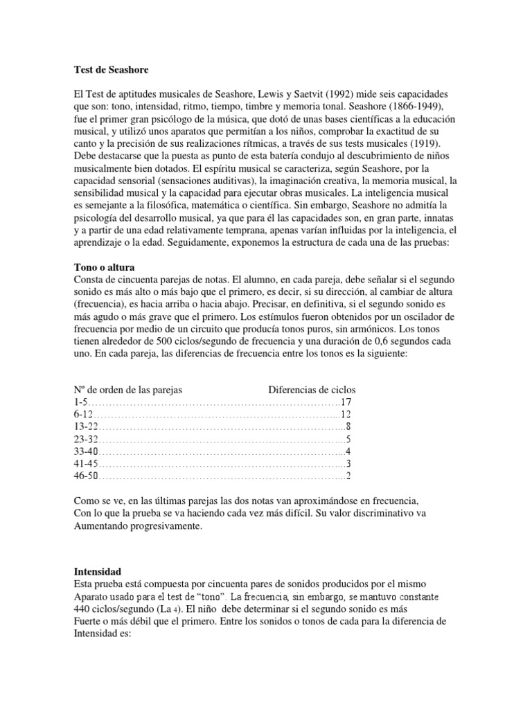 Test de Seashore: Aptitudes Musicales | PDF | Sonido | Inteligencia