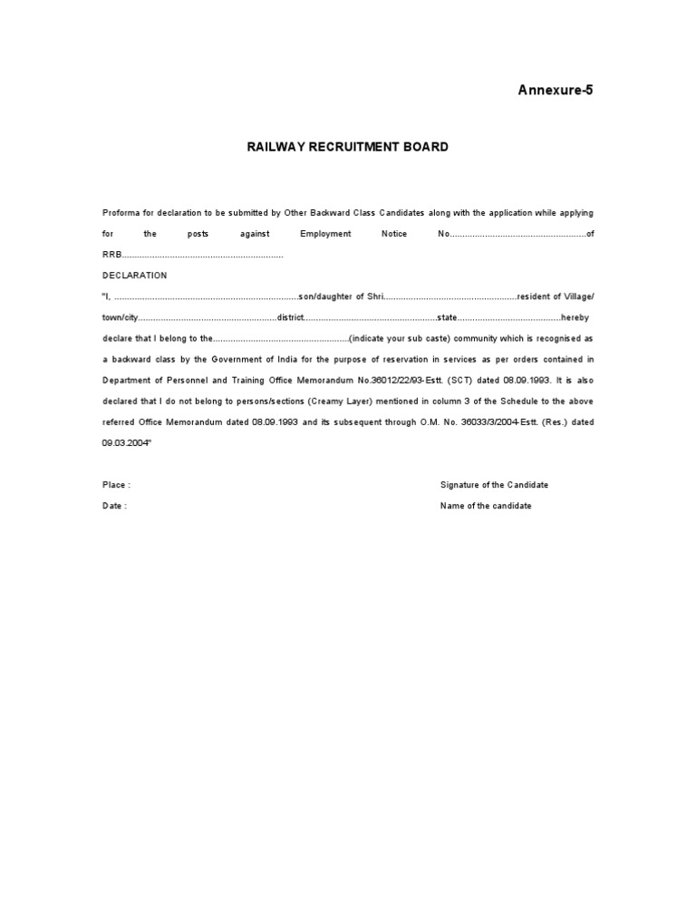 OBC Declaration for RRB Application | PDF