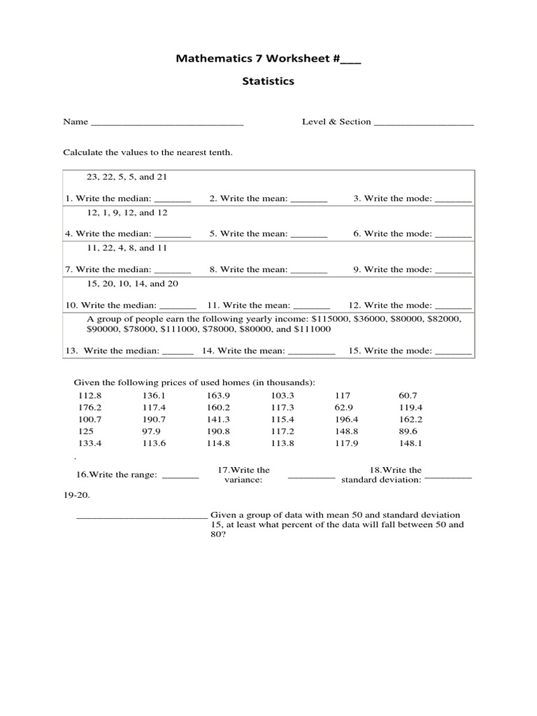 Math 7 Statistics Worksheet | PDF