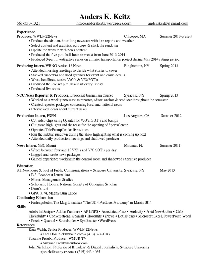 Anders Keitz Resume 2014 | PDF | News Broadcasting | Broadcast Journalism