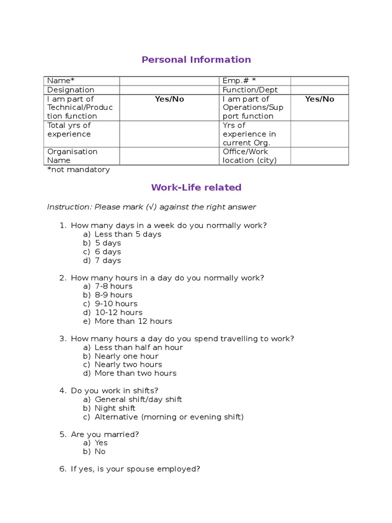 Work Life Balance Questionnaire | Behavioural Sciences | Psychology ...