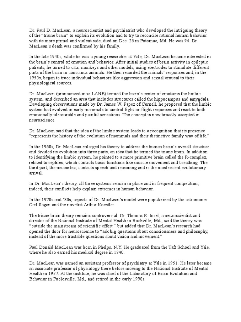 Paul MacLean's Triune Brain (Three Brain) Theory | PDF | Limbic System ...