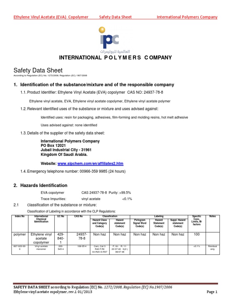 EVA Copolymer SDS | PDF | Toxicity | Personal Protective Equipment