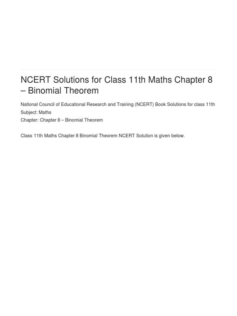 Class 11 NCERT Binomial Theorem Solutions | PDF | Teaching Mathematics ...