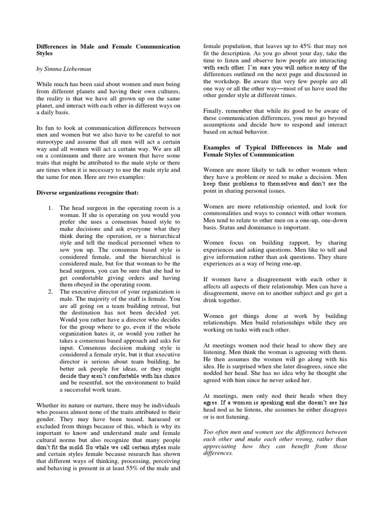 Differences in Male and Female Communication Styles | PDF | Nature ...