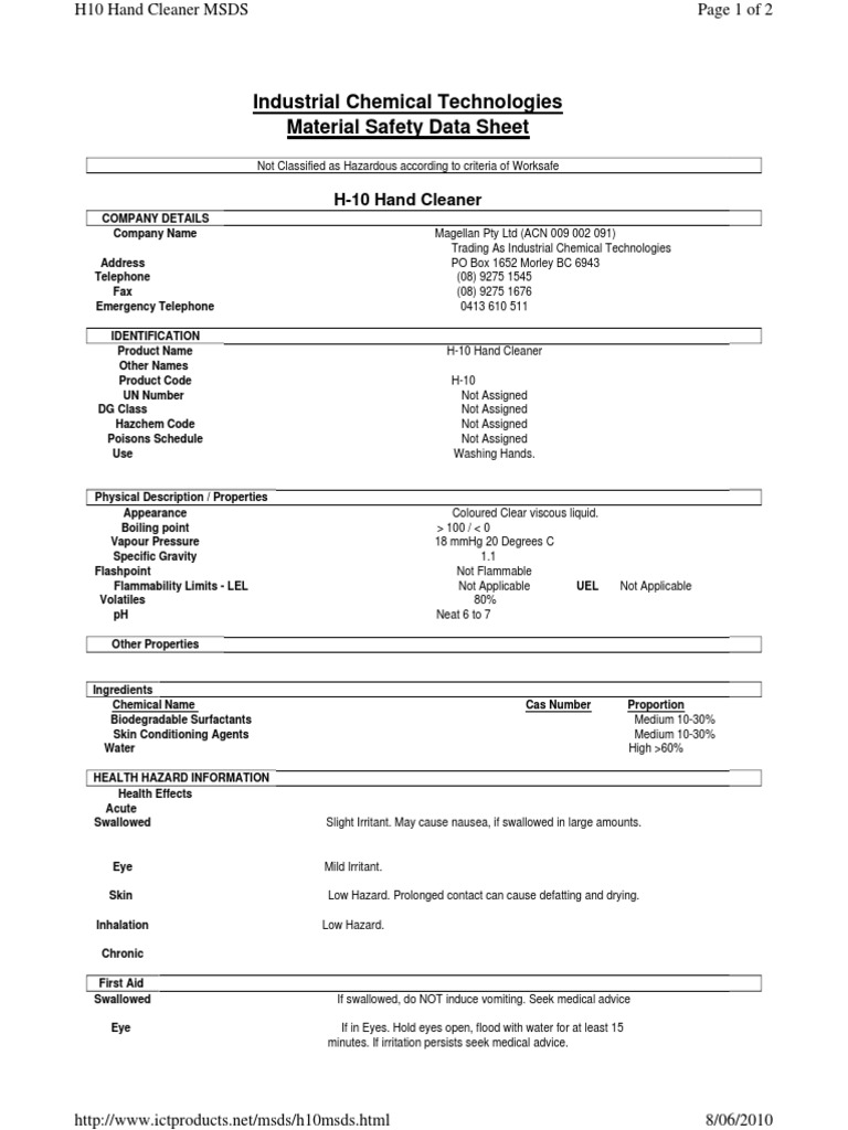 H-10 Hand Cleaner MSDS | Flammability | Hazards