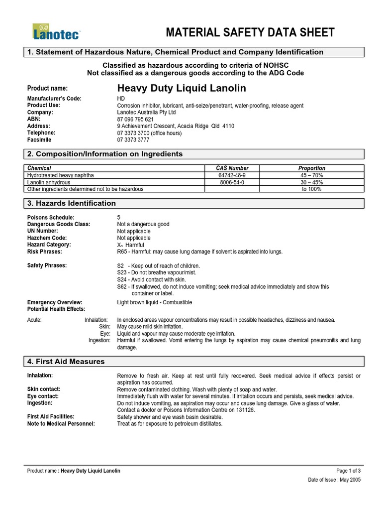 Heavy Duty Liquid Lanolin - Lanotec | PDF | Combustion | Dangerous Goods