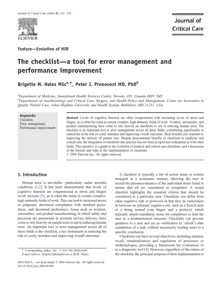 The Checklist - A Tool For Error Management and Performance Improvement ...